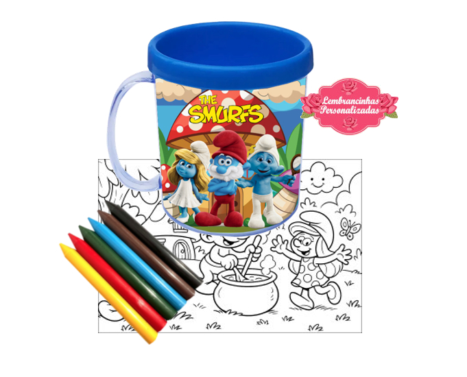 lembrancinha caneca rosqueada mais livrinho de colorir do smurfs